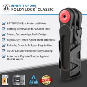 FoldyLock Classic Folding Bike Lock - Patented Sleek High Security Bicycle Lock - Heavy Duty Anti Theft Smart Secure Guard with Keys and Frame Mount for Electric e-Bikes and City Bikes - 95cm