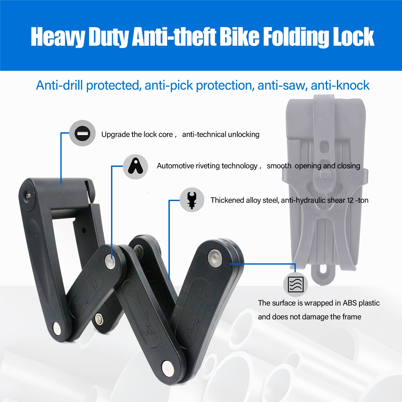 Monotre Compact Folding Bike Lock, 2.3 FT Heavy Duty Anti-Theft High Security Bicycle Folding Lock, Anti 12t Hydraulic Shear, with Key and Lock Holder, Suitable for Bicycles/Electric Scooters/Ebike