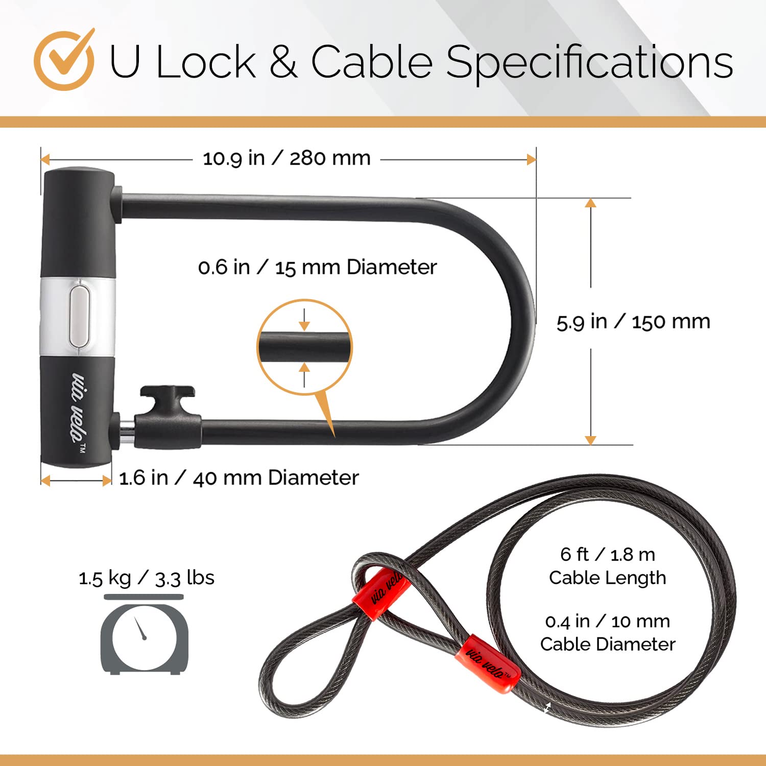 Via Velo 4-in-1 Bike Lock Set, Heavy-Duty Steel Folding Lock, 11" Bicycle U-Lock, 6' Cable, for Electric Bikes and Scooters