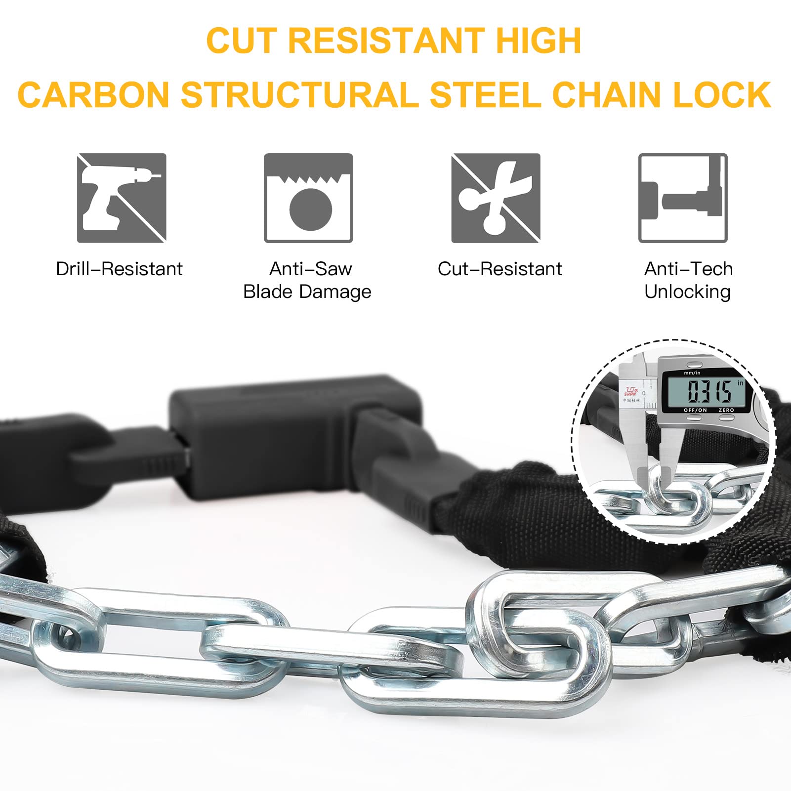 INTEKIN Bike Chain Lock 3FT 8mm Thick Steel Chain Heavy Duty Bike Lock Anti-Theft Bicycle Chain Lock with 3 Keys for E-Bike, Motorcycle, Gate, Fence