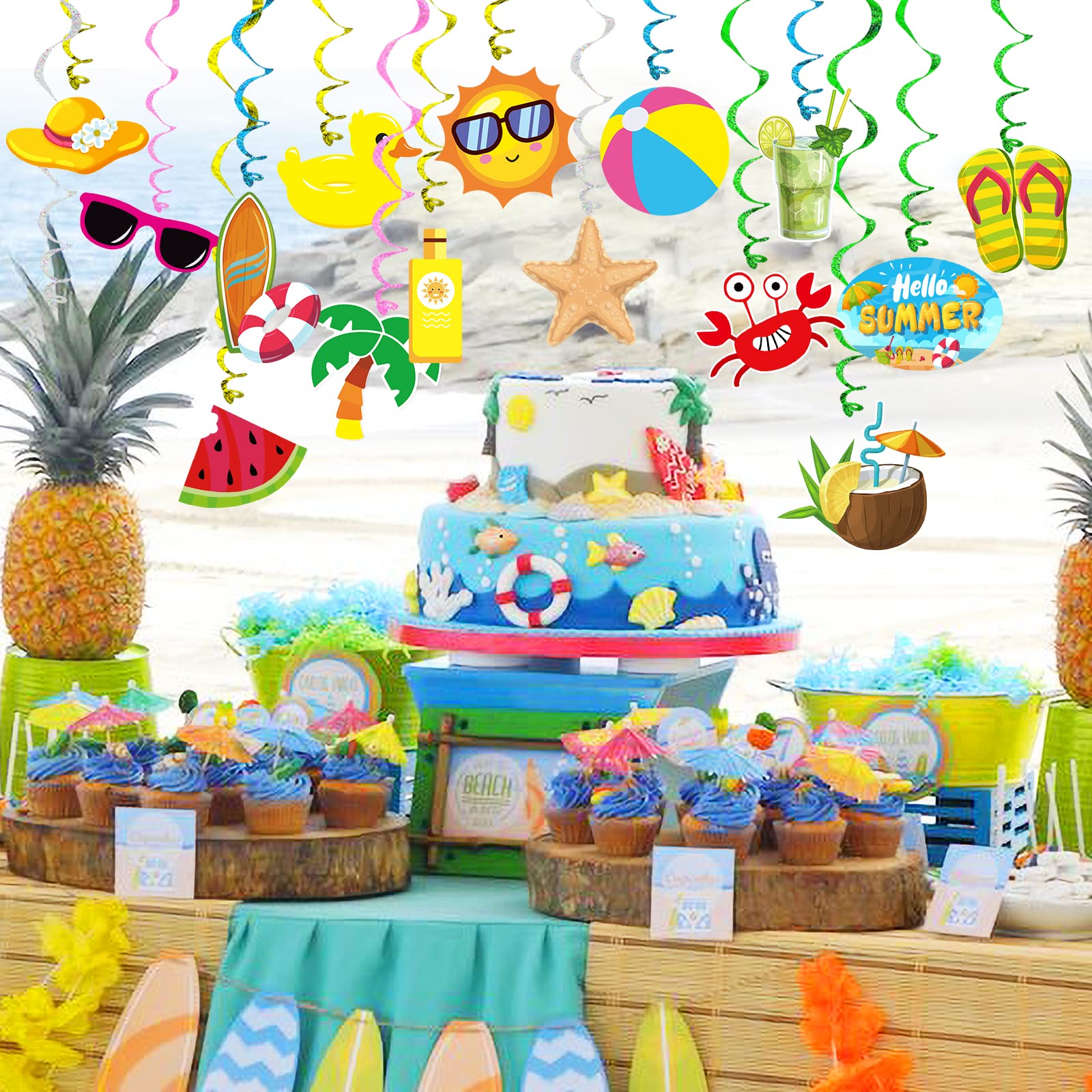 Summer Pool Beach Hanging Swirls 30 Pack Foil Ceiling Hanging Swirls Streams Banner Decorations Garland for Kids Luau Hawaii Baby Shower Celebrating Events Birthday Party Supplies Room Wall Decor