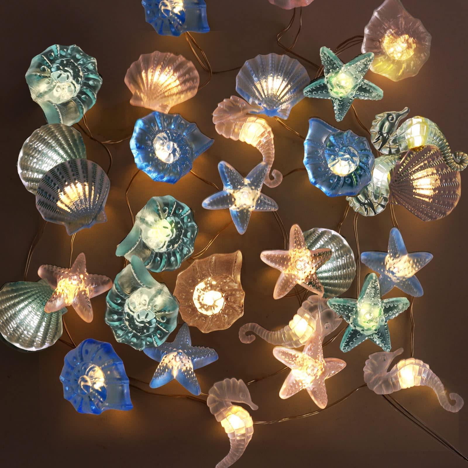 JOYFULPARTNER Ocean Decor String Lights for Bedroom, Nautical Theme Seashell Seahorse Conch Starfish Beach Lights 10FT 30LED Battery Powered & USB with Remote and Timer Dorm Party Camping Decorations