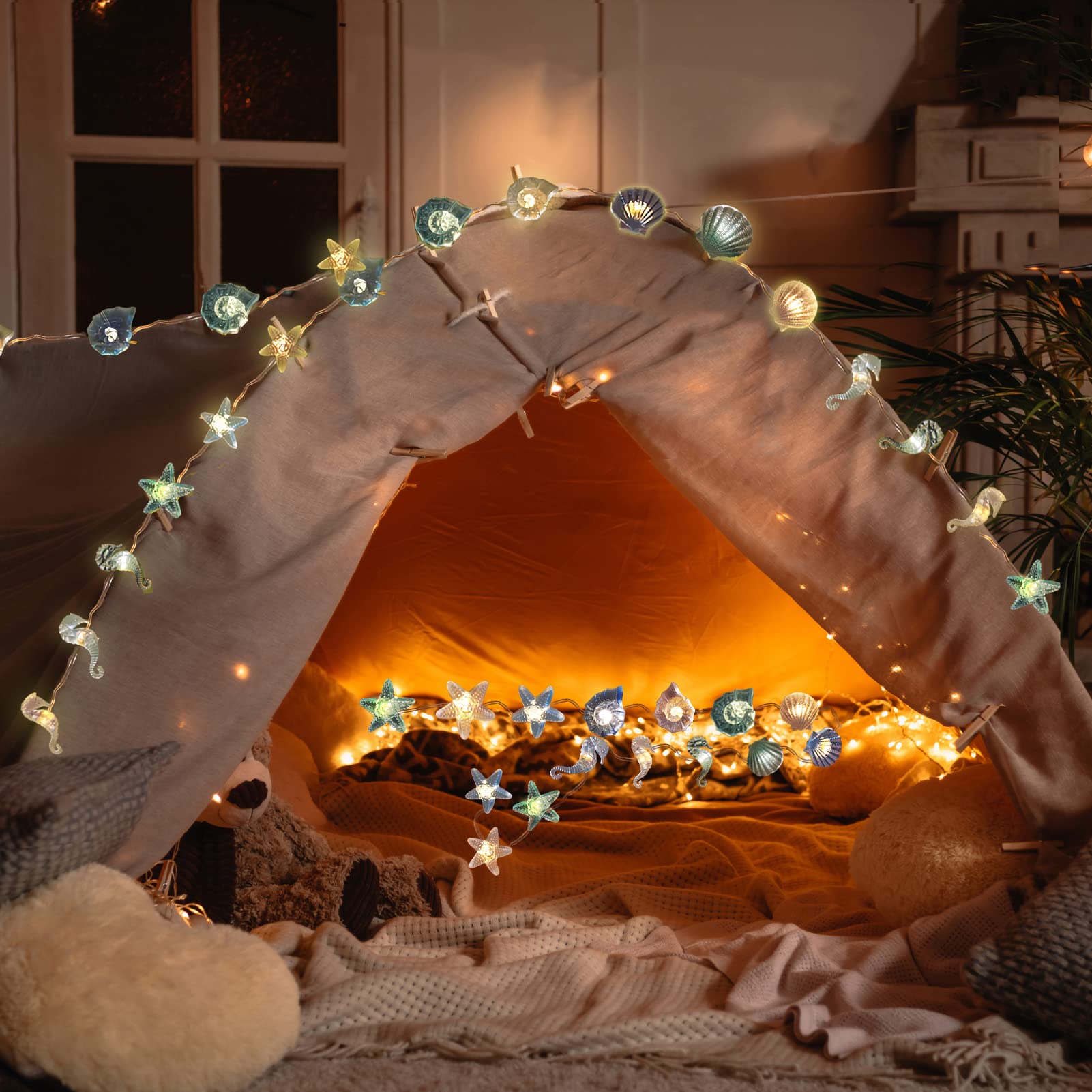 JOYFULPARTNER Ocean Decor String Lights for Bedroom, Nautical Theme Seashell Seahorse Conch Starfish Beach Lights 10FT 30LED Battery Powered & USB with Remote and Timer Dorm Party Camping Decorations