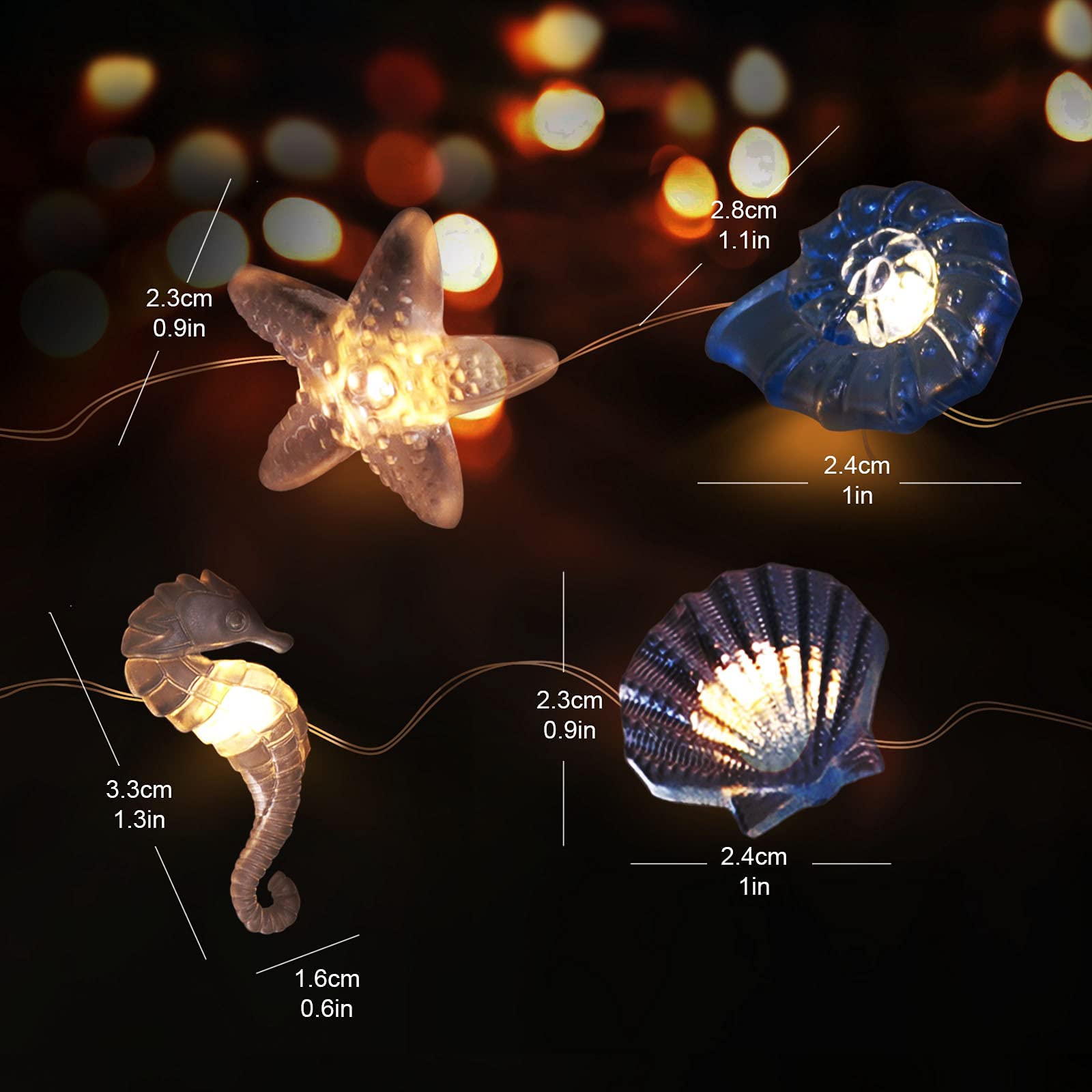 JOYFULPARTNER Ocean Decor String Lights for Bedroom, Nautical Theme Seashell Seahorse Conch Starfish Beach Lights 10FT 30LED Battery Powered & USB with Remote and Timer Dorm Party Camping Decorations