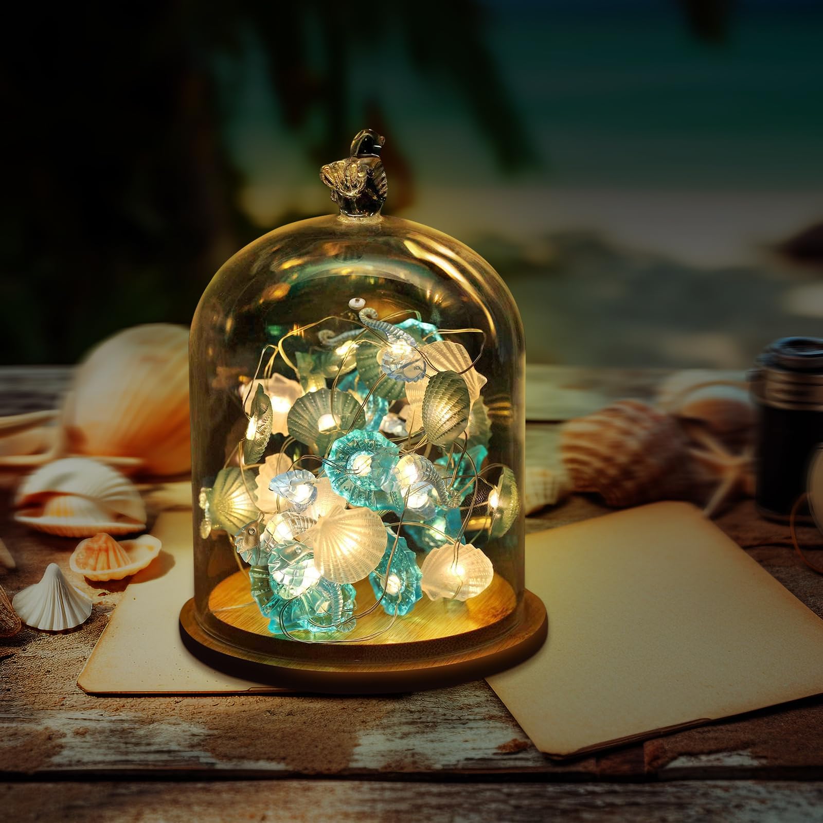 JOYFULPARTNER Ocean Decor String Lights for Bedroom, Nautical Theme Seashell Seahorse Conch Starfish Beach Lights 10FT 30LED Battery Powered & USB with Remote and Timer Dorm Party Camping Decorations