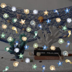 JOYFULPARTNER Ocean Decor String Lights for Bedroom, Nautical Theme Seashell Seahorse Conch Starfish Beach Lights 10FT 30LED Battery Powered & USB with Remote and Timer Dorm Party Camping Decorations