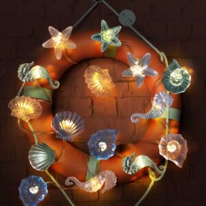 JOYFULPARTNER Ocean Decor String Lights for Bedroom, Nautical Theme Seashell Seahorse Conch Starfish Beach Lights 10FT 30LED Battery Powered & USB with Remote and Timer Dorm Party Camping Decorations