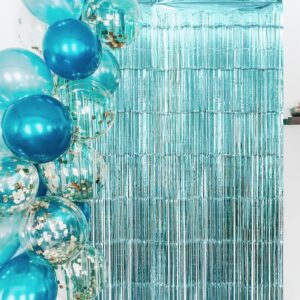 RUBFAC 3pcs 3.3x8.2 Feet Ocean Blue Fringe Backdrop Curtains,Tinsel Streamers Summer Beach Party Decorations,Fringe Backdrop for Beach Theme Party Decor