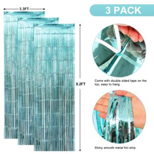 RUBFAC 3pcs 3.3x8.2 Feet Ocean Blue Fringe Backdrop Curtains,Tinsel Streamers Summer Beach Party Decorations,Fringe Backdrop for Beach Theme Party Decor