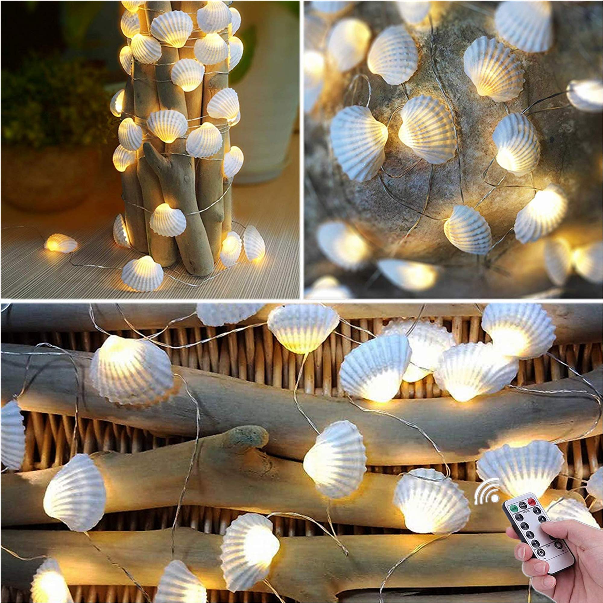 HDNICEZM Beach Seashell Decorative String Lights 14.1Ft 40 Warm White LED Waterproof Battery Operated Ocean String Lights for Bedroom Wedding Holiday Party Garden Indoor Outdoor Decorations