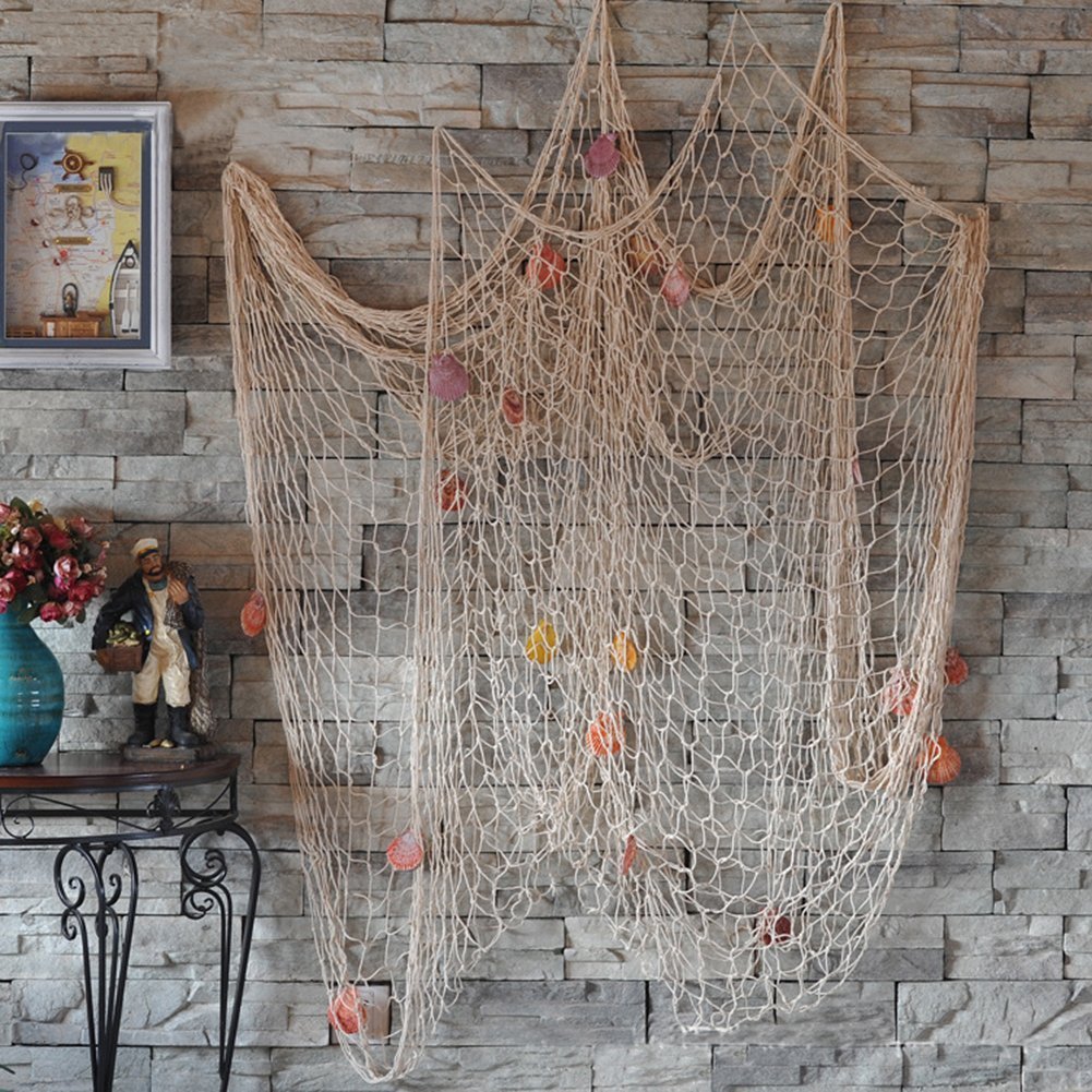 Rosoz Nature Fish Net Wall Decoration with Shells, Ocean Themed Wall Hangings Fishing Net Party Decor for Pirate Party,Wedding,Photographing Decoration