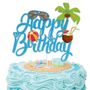 summer beach coconut happy birthday cake topper blue glitter summer pool swimming surfing party decoration summer holiday birthday party favor supplies