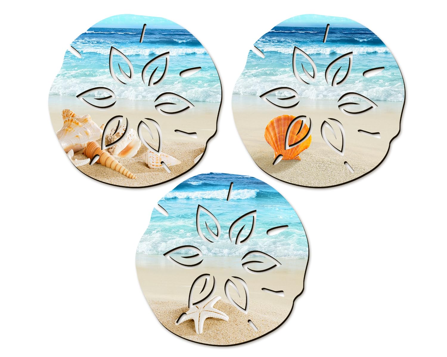 3 Pieces Sand Dollar Wall Decor Wood Outdoor Coastal Wall Art Ocean Beach Wall Decor Starfish Seashell Sand Dollar Beach Signs Hanging Wooden Nautical Bathroom Decor for Home Bathroom Sea Decorations