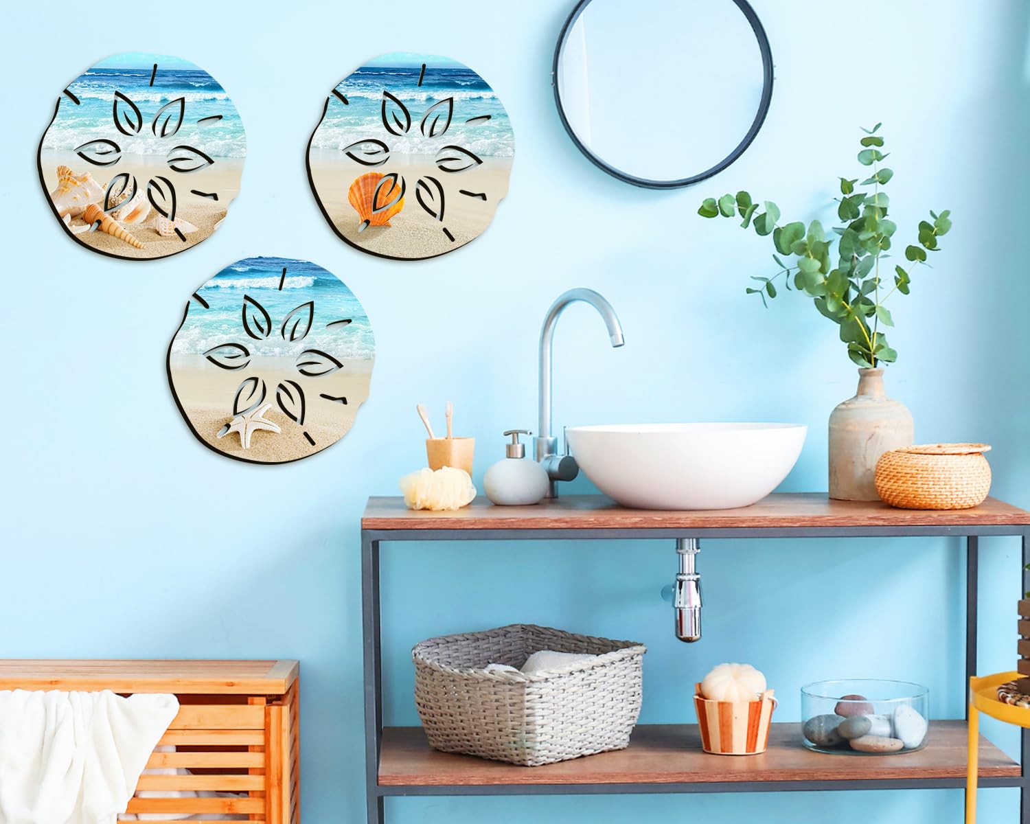 3 Pieces Sand Dollar Wall Decor Wood Outdoor Coastal Wall Art Ocean Beach Wall Decor Starfish Seashell Sand Dollar Beach Signs Hanging Wooden Nautical Bathroom Decor for Home Bathroom Sea Decorations