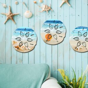 3 Pieces Sand Dollar Wall Decor Wood Outdoor Coastal Wall Art Ocean Beach Wall Decor Starfish Seashell Sand Dollar Beach Signs Hanging Wooden Nautical Bathroom Decor for Home Bathroom Sea Decorations