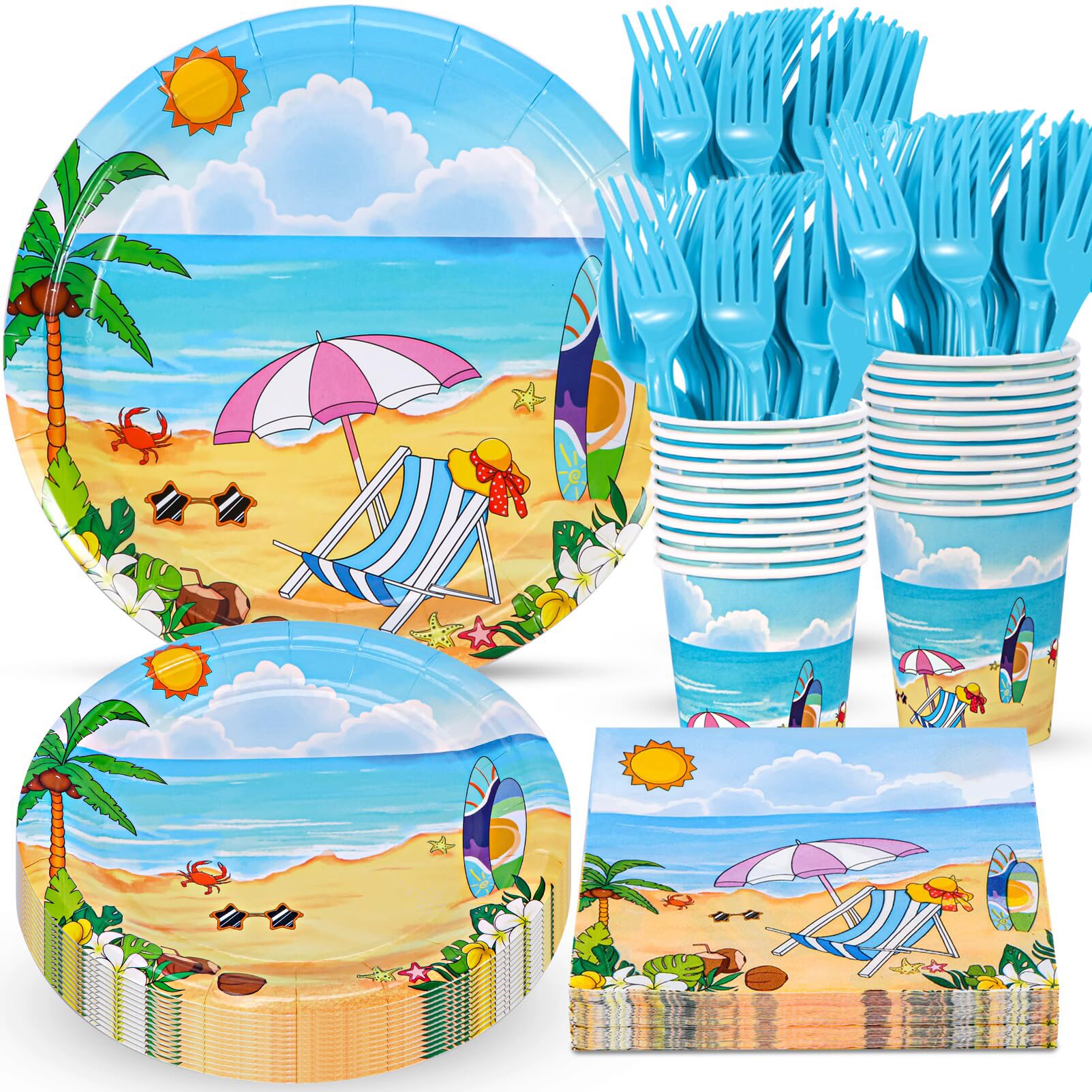 Atonofun Beach Party Supplies, Beach Plates and Napkins Set, Disposable Beach Plates, Cups, Napkins and Cutlery for Birthday, Pool, Summer Party, Baby Shower, Beach Themed Party Decorations Serves 24