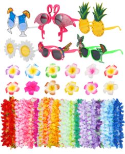 alknot 36pcs hawaiian leis bulk, 6 pairs funny hawaiian glasses, 12pcs hawaiian flower hair clip, fun summer party favors for beach wedding birthday party decoration supplies