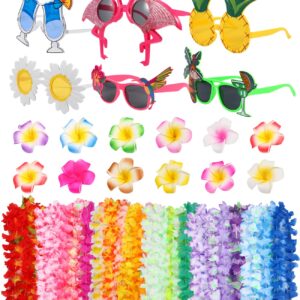 ALKNOT 36pcs Hawaiian Leis Bulk, 6 Pairs Funny Hawaiian Glasses, 12pcs Hawaiian Flower Hair Clip, Fun Summer Party Favors for Beach Wedding Birthday Party Decoration Supplies