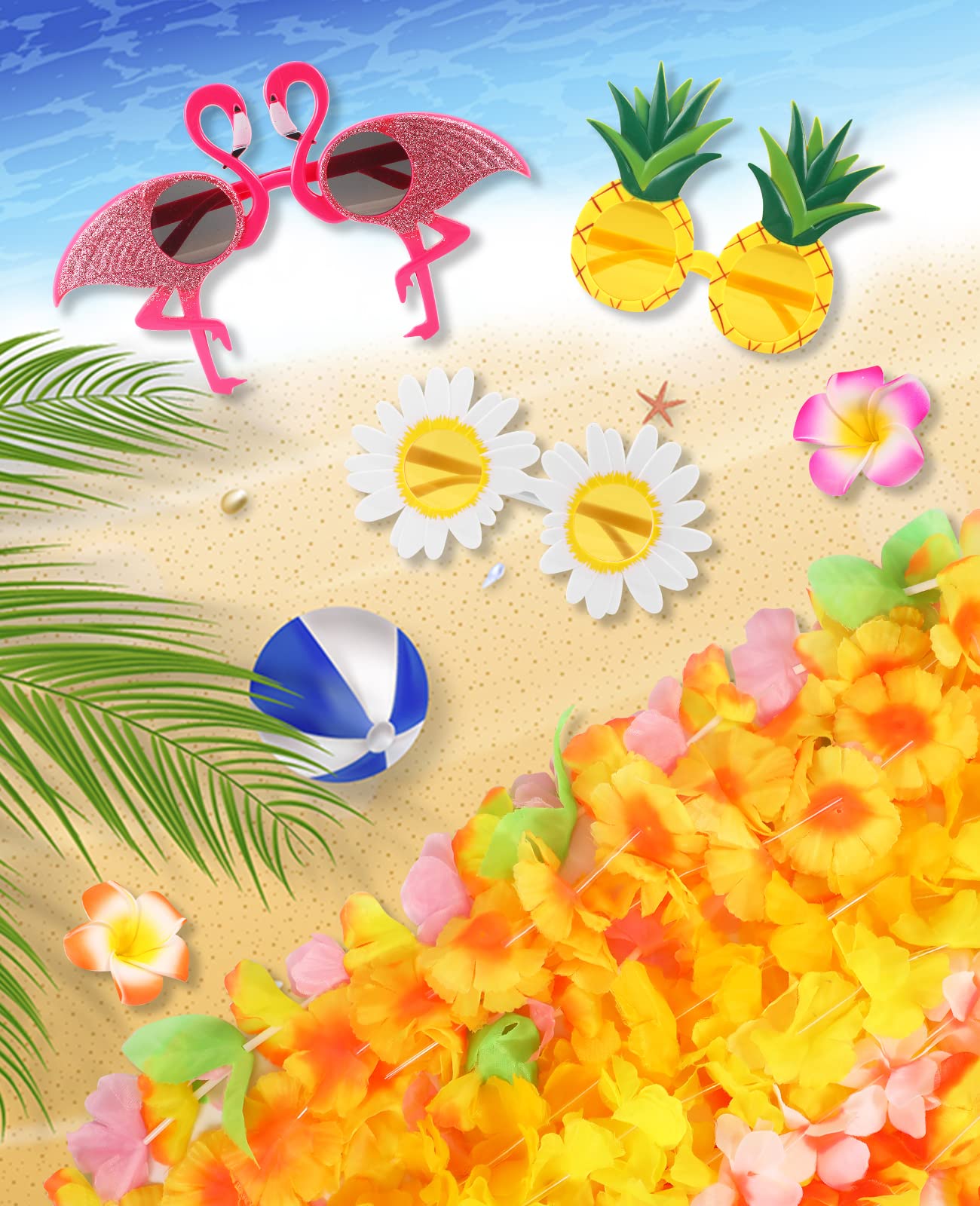 ALKNOT 36pcs Hawaiian Leis Bulk, 6 Pairs Funny Hawaiian Glasses, 12pcs Hawaiian Flower Hair Clip, Fun Summer Party Favors for Beach Wedding Birthday Party Decoration Supplies