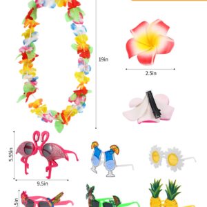 ALKNOT 36pcs Hawaiian Leis Bulk, 6 Pairs Funny Hawaiian Glasses, 12pcs Hawaiian Flower Hair Clip, Fun Summer Party Favors for Beach Wedding Birthday Party Decoration Supplies