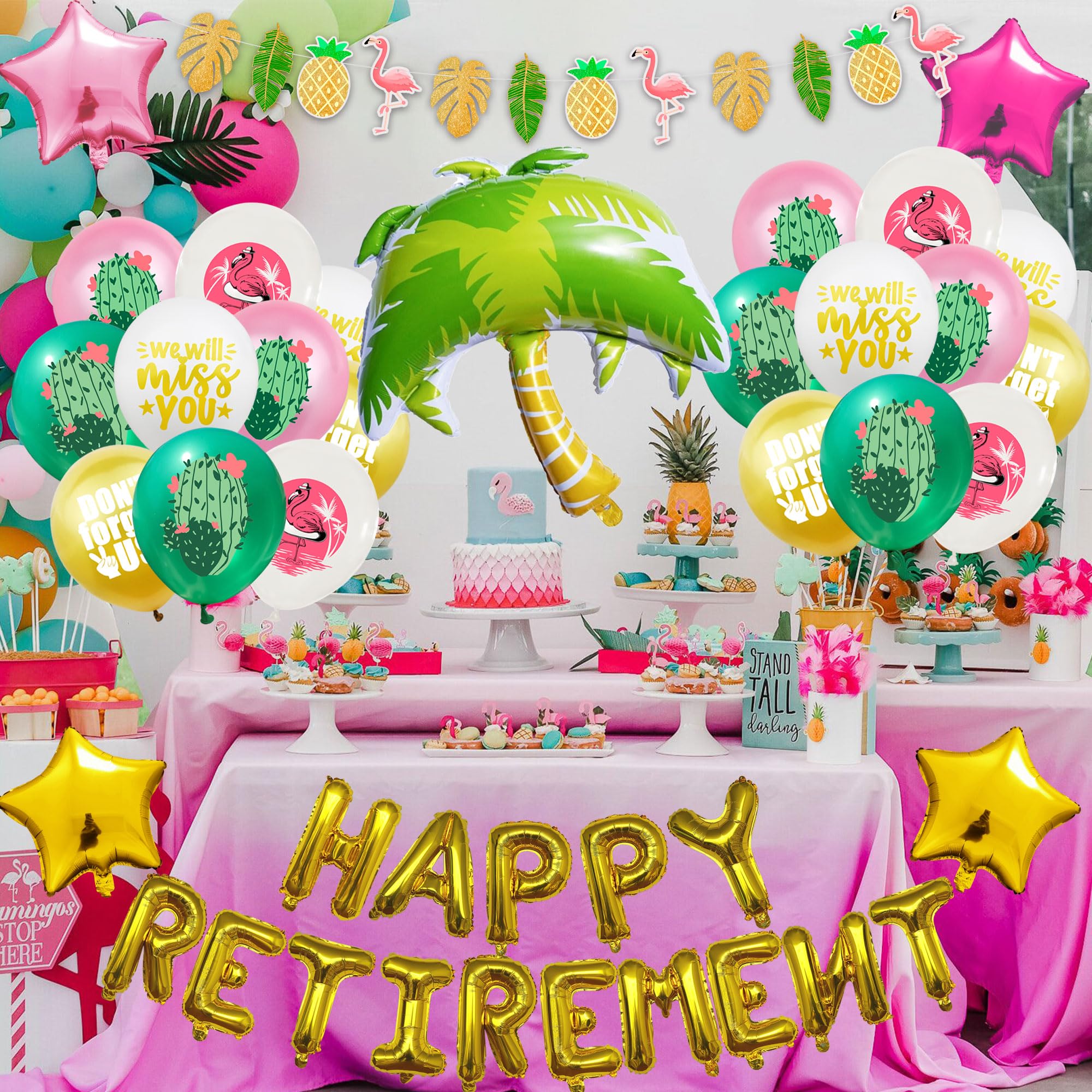 Beach Theme Happy Retirement Party Decorations Supplies, Gold Happy Retirement Banner and Coconut Tree Balloon Flamingo Latex Balloon Beach Theme Retirement Party Supplies Retirement Gift Ideas