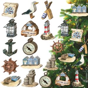 Maitys 36 Pcs Summer Wooden Ornaments Ocean Beach Tree Decorations Coastal Nautical Navigation Wooden Cutouts Summer Hanging Ornaments Summer Decorations for Home Small Tree Party Office(Navigation)