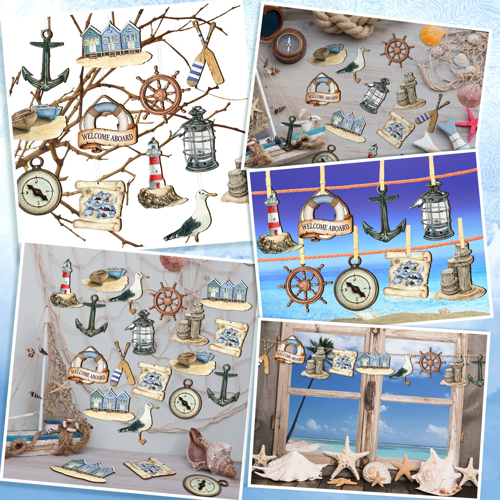 Maitys 36 Pcs Summer Wooden Ornaments Ocean Beach Tree Decorations Coastal Nautical Navigation Wooden Cutouts Summer Hanging Ornaments Summer Decorations for Home Small Tree Party Office(Navigation)