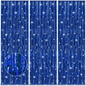 accevo 3pack dark blue party streamers 3.2ft x 8.2ft foil fringe curtains metallic streamers blue party photo booth for birthday wedding christmas baby shower underwater ocean party decorations