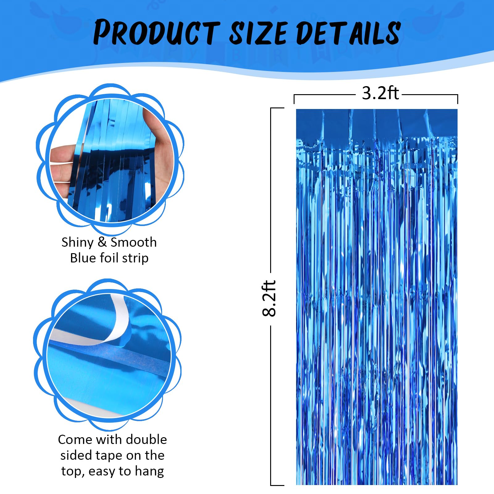 Accevo 3Pack Dark Blue Party Streamers 3.2ft x 8.2ft Foil Fringe Curtains Metallic Streamers Blue Party Photo Booth for Birthday Wedding Christmas Baby Shower Underwater Ocean Party Decorations