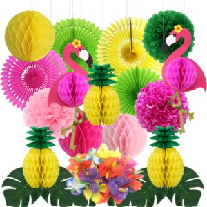 flamingo party supplies, luau party decorations topical flamingo and pineapple honeycomb balls paper fans pom poms flowers hibiscus flowers for hawaiian birthday beach bachelorette party