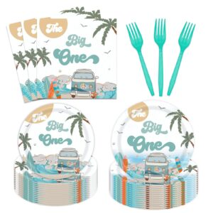 96 pieces summer beach the big one tableware set boy surfing first birthday decorations hawaiian 1st palm tree dinner dessert paper plates napkins forks serves 24