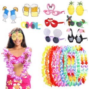 slhowow 18pcs hawaiian party decorations, 9 pairs funny hawaiian glasses and 9pcs hawaiian leis bulk, fun summer party favors for beach wedding birthday party decoration supplies