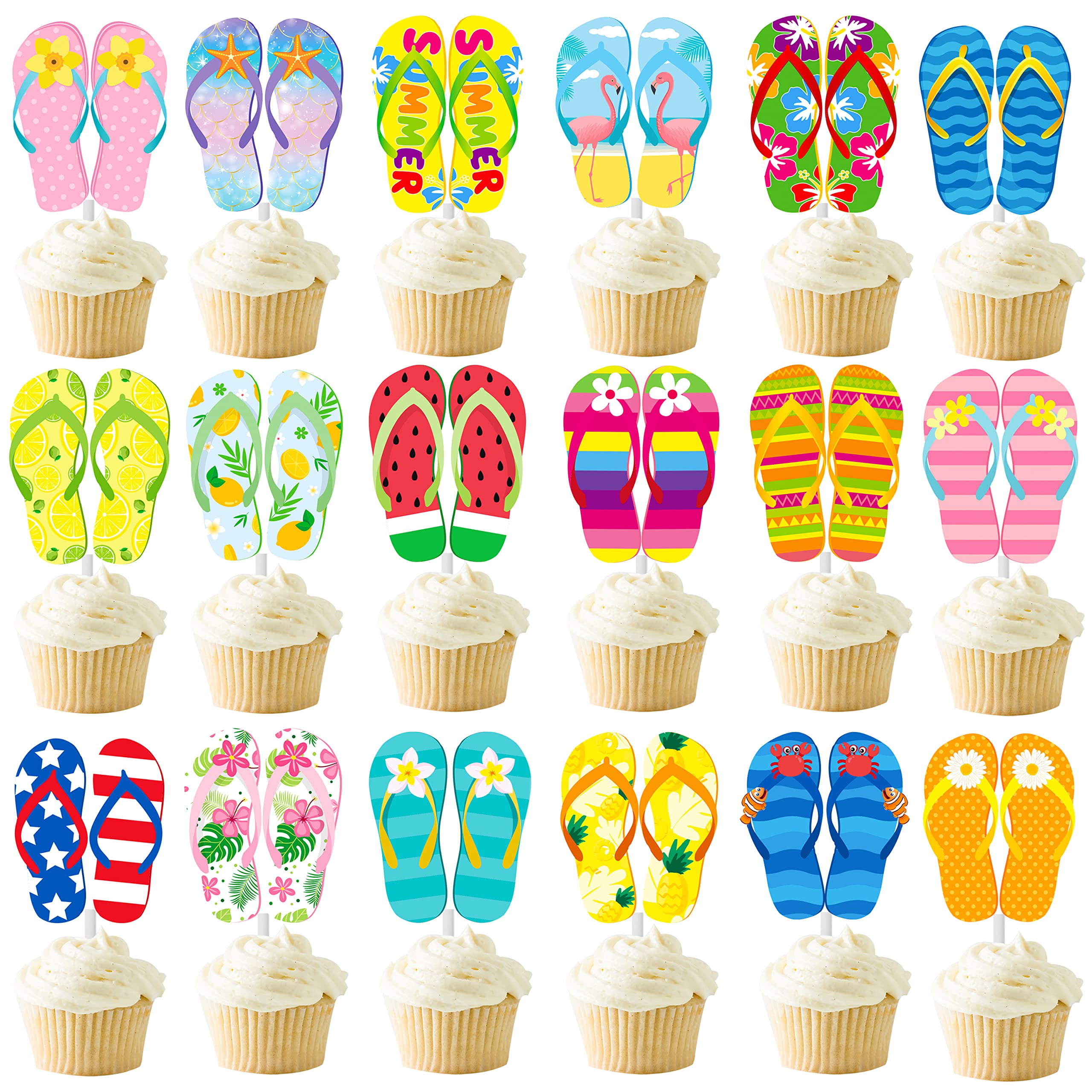 36pcs Beach Flip Flops Cupcake Toppers Summer Beach Party Cupcake Toppers Decorations Pool Party Decorations Supplies for Summer Birthday Tropical Luau Hawaiian Party Supplies