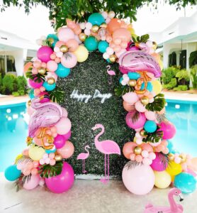 yeewaka tropical balloon garland kit 145pcs hot pink teal yellow pink balloons foil flamingo balloons & palm leaves for summer by pool beach birthday decorations