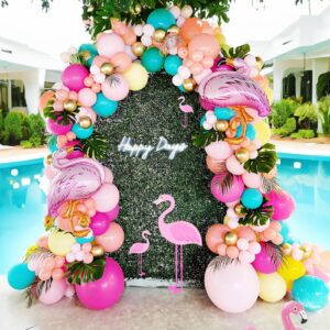 Yeewaka Tropical balloon Garland kit 145Pcs Hot pink Teal Yellow pink balloons foil flamingo balloons & Palm leaves For Summer by pool beach birthday decorations