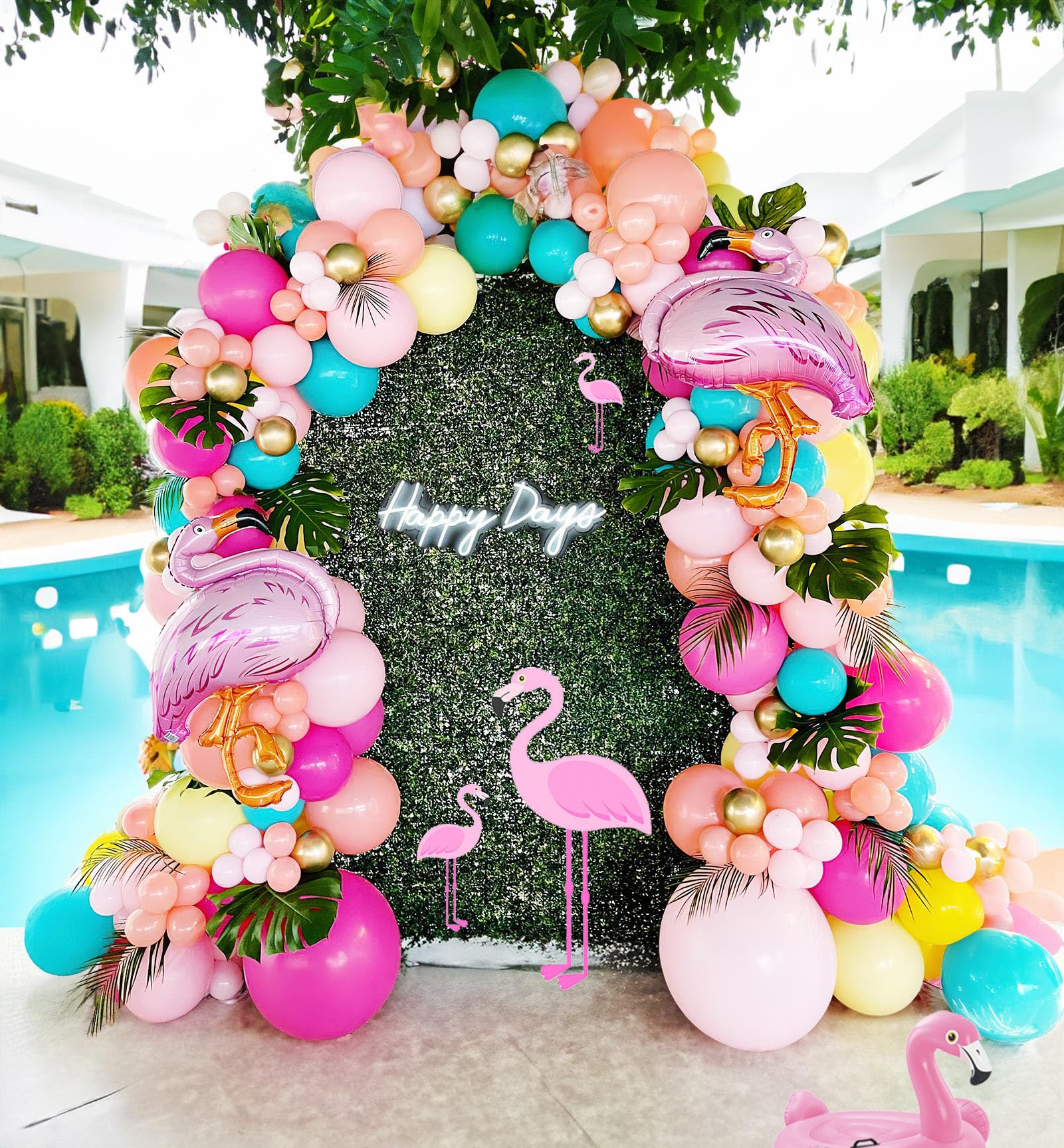 Yeewaka Tropical balloon Garland kit 145Pcs Hot pink Teal Yellow pink balloons foil flamingo balloons & Palm leaves For Summer by pool beach birthday decorations