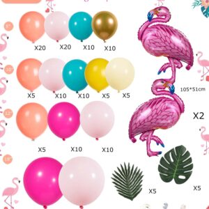 Yeewaka Tropical balloon Garland kit 145Pcs Hot pink Teal Yellow pink balloons foil flamingo balloons & Palm leaves For Summer by pool beach birthday decorations