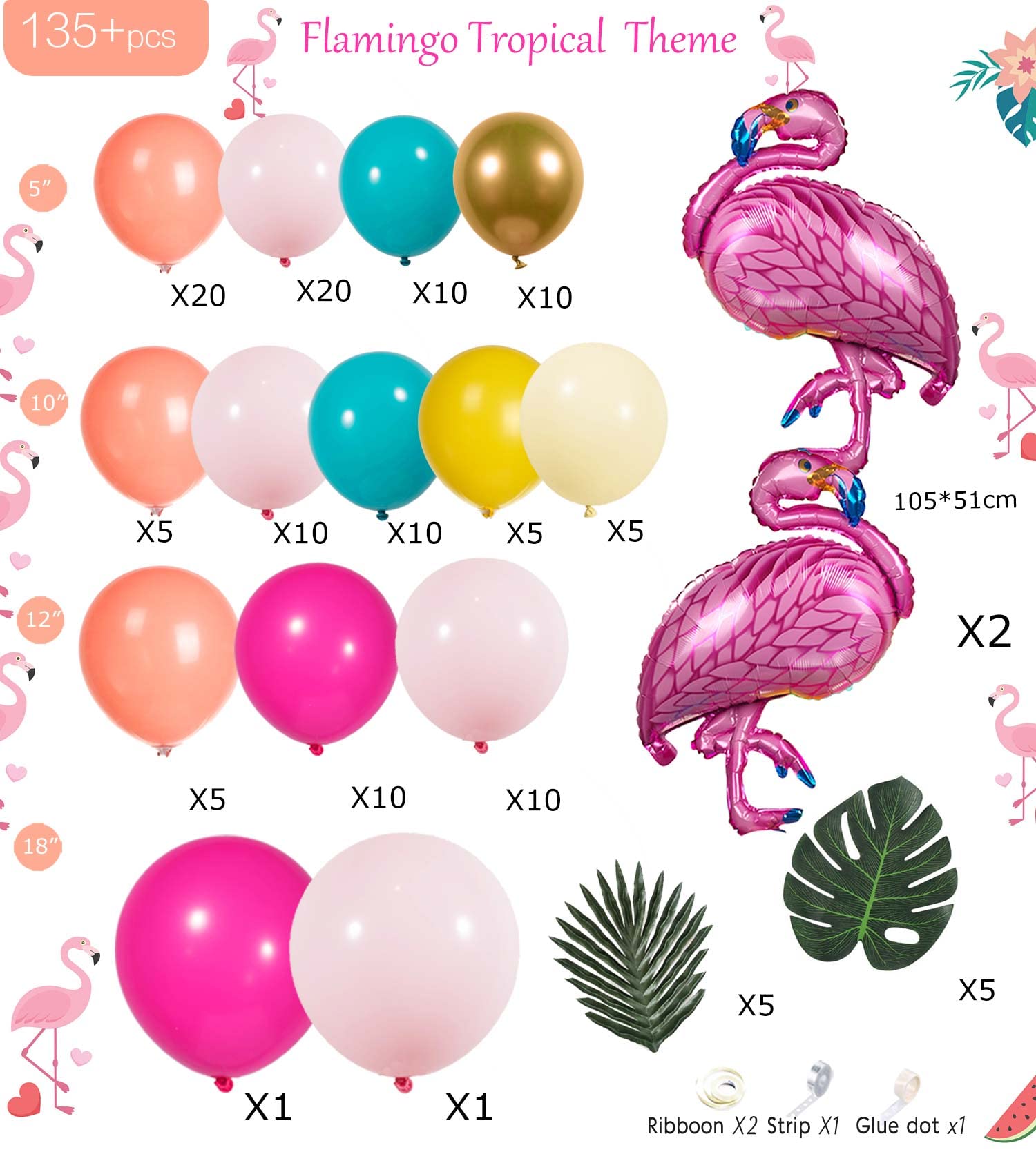 Yeewaka Tropical balloon Garland kit 145Pcs Hot pink Teal Yellow pink balloons foil flamingo balloons & Palm leaves For Summer by pool beach birthday decorations