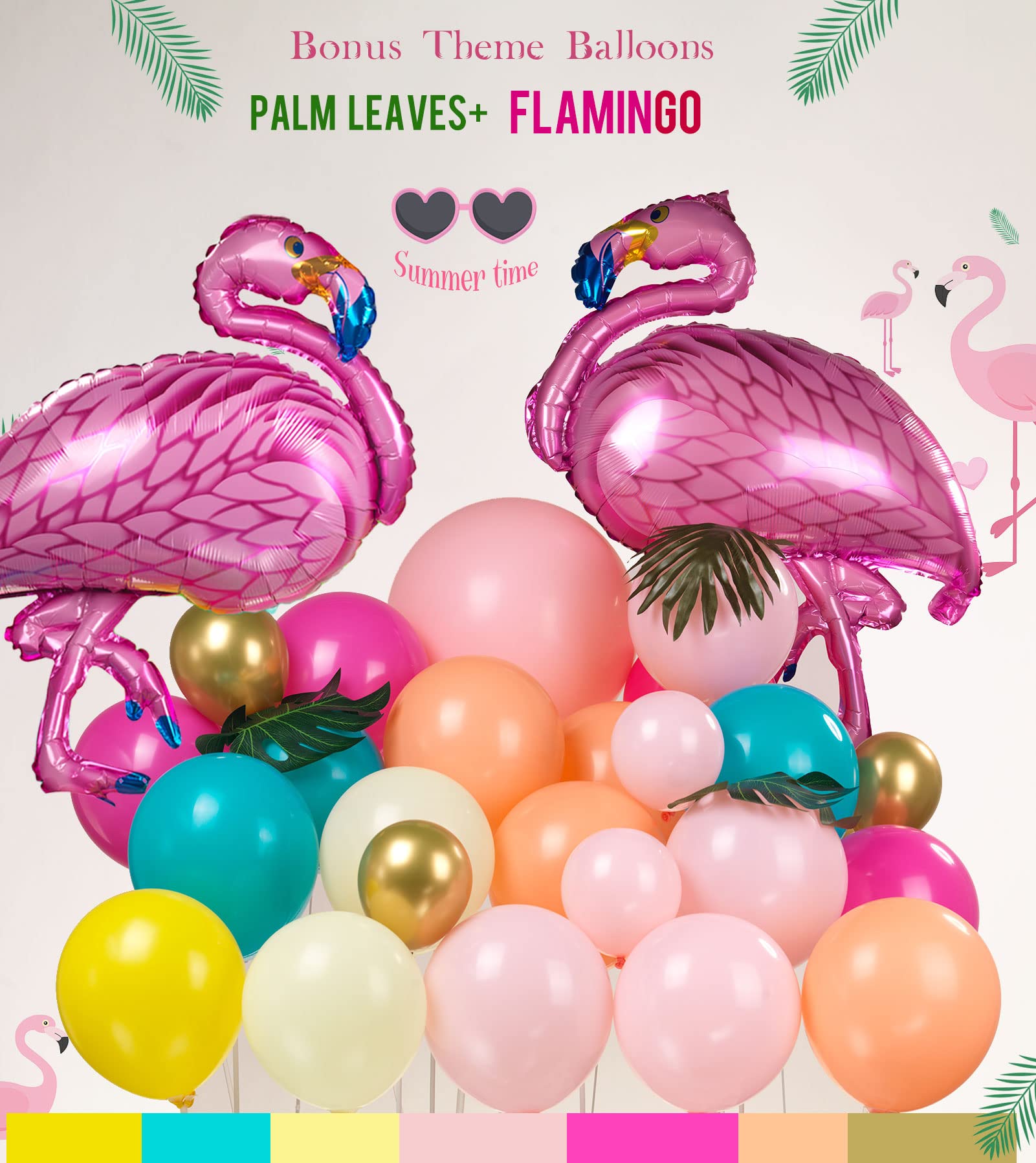 Yeewaka Tropical balloon Garland kit 145Pcs Hot pink Teal Yellow pink balloons foil flamingo balloons & Palm leaves For Summer by pool beach birthday decorations