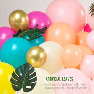 Yeewaka Tropical balloon Garland kit 145Pcs Hot pink Teal Yellow pink balloons foil flamingo balloons & Palm leaves For Summer by pool beach birthday decorations