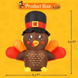 COMIN 5 FT Tall Thanksgiving Inflatables Turkey Baby in Hat with Built-in LEDs Blow Up Yard Decoration for Holiday Party Indoor Outdoor Garden Lawn