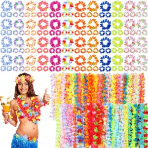 jexine 250 pcs hawaiian leis bulk luau party decorations hawaiian tropical headbands and wristbands flower lei for luau tropical themed party favors, summer beach vacation, wedding decorations