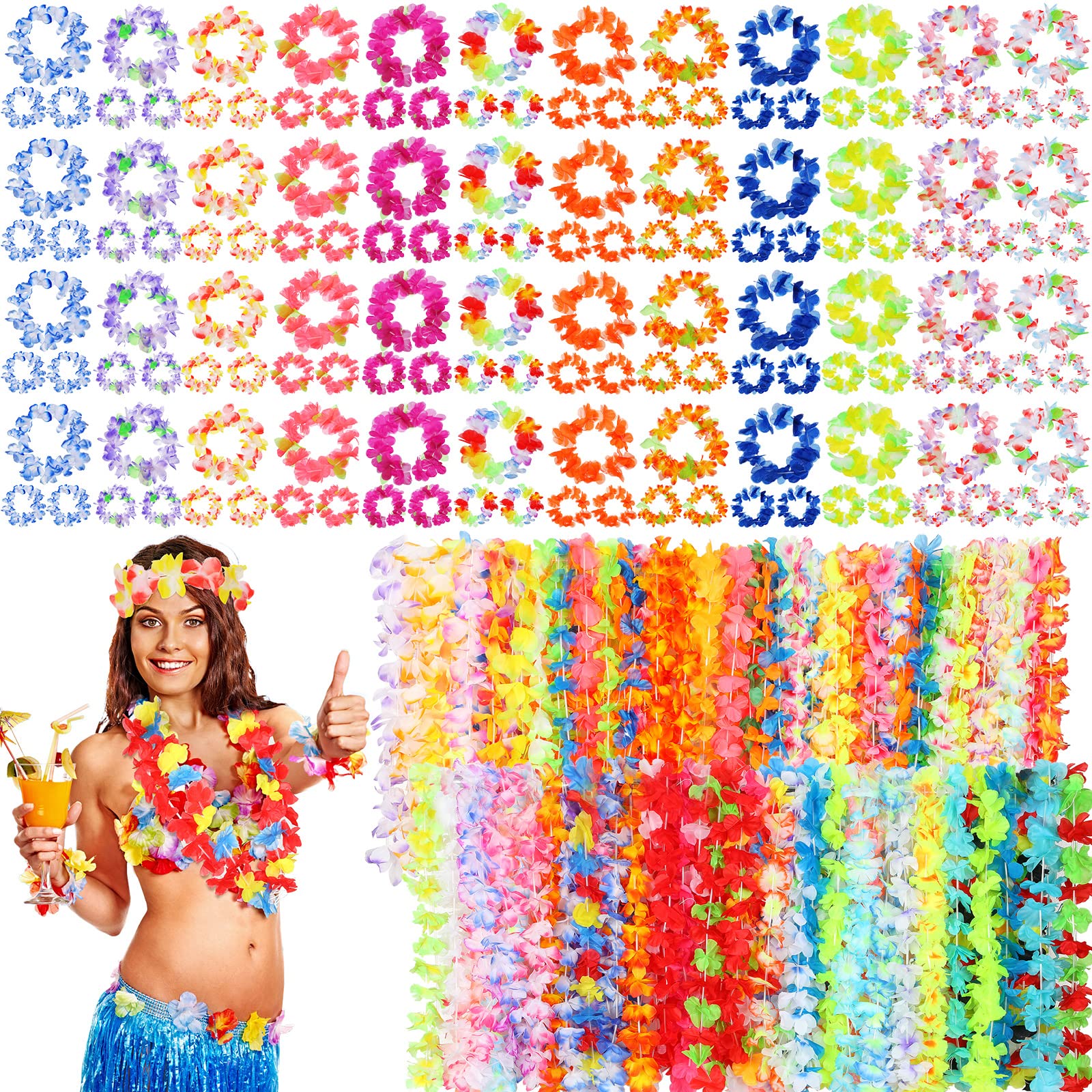 Jexine 250 Pcs Hawaiian Leis Bulk Luau Party Decorations Hawaiian Tropical Headbands and Wristbands Flower Lei for Luau Tropical Themed Party Favors, Summer Beach Vacation, Wedding Decorations