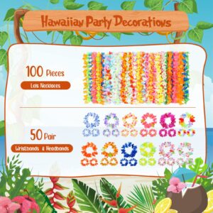 Jexine 250 Pcs Hawaiian Leis Bulk Luau Party Decorations Hawaiian Tropical Headbands and Wristbands Flower Lei for Luau Tropical Themed Party Favors, Summer Beach Vacation, Wedding Decorations