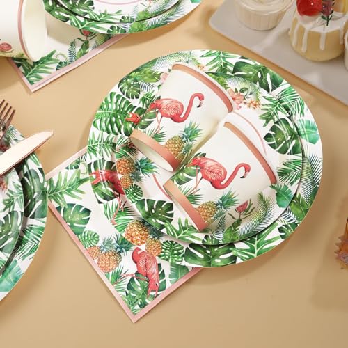 175Pcs Hawaiian Luau Party Decoration, Luau Plates and Napkins Party Supplies, Flamingo Plates for Party, Tropical Plates for Beach Theme Party Decoration, Serves 24 Guests