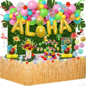 hawaiian aloha luau party decorations, 153pcs tropical summer beach birthday supplies grass table skirt hanging swirl aloha balloon garland honeycomb centerpiece hibiscus palm leaves straws caketopper