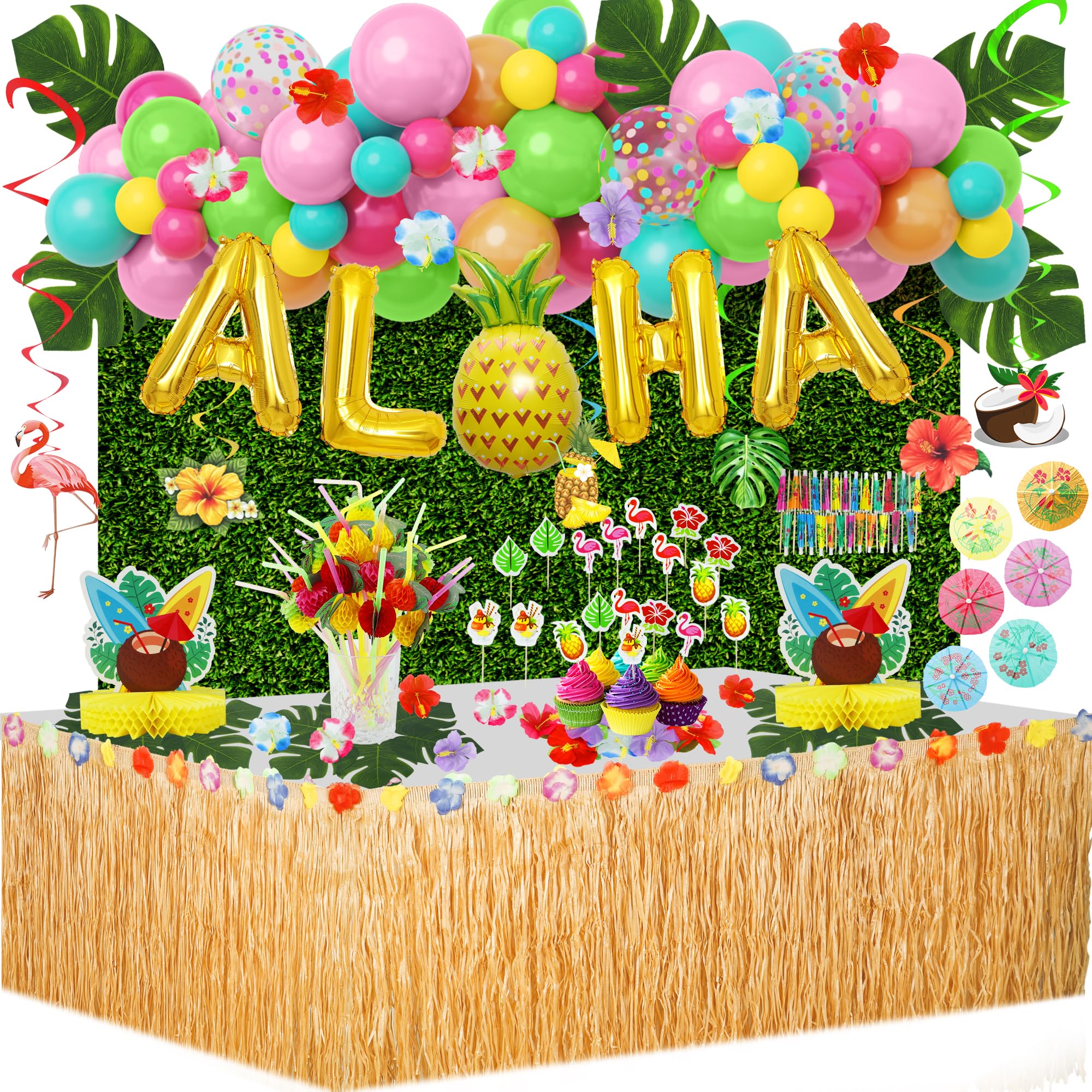 Hawaiian Aloha Luau Party Decorations, 153Pcs Tropical Summer Beach Birthday Supplies Grass Table Skirt Hanging Swirl Aloha Balloon Garland Honeycomb Centerpiece Hibiscus Palm Leaves Straws CakeTopper