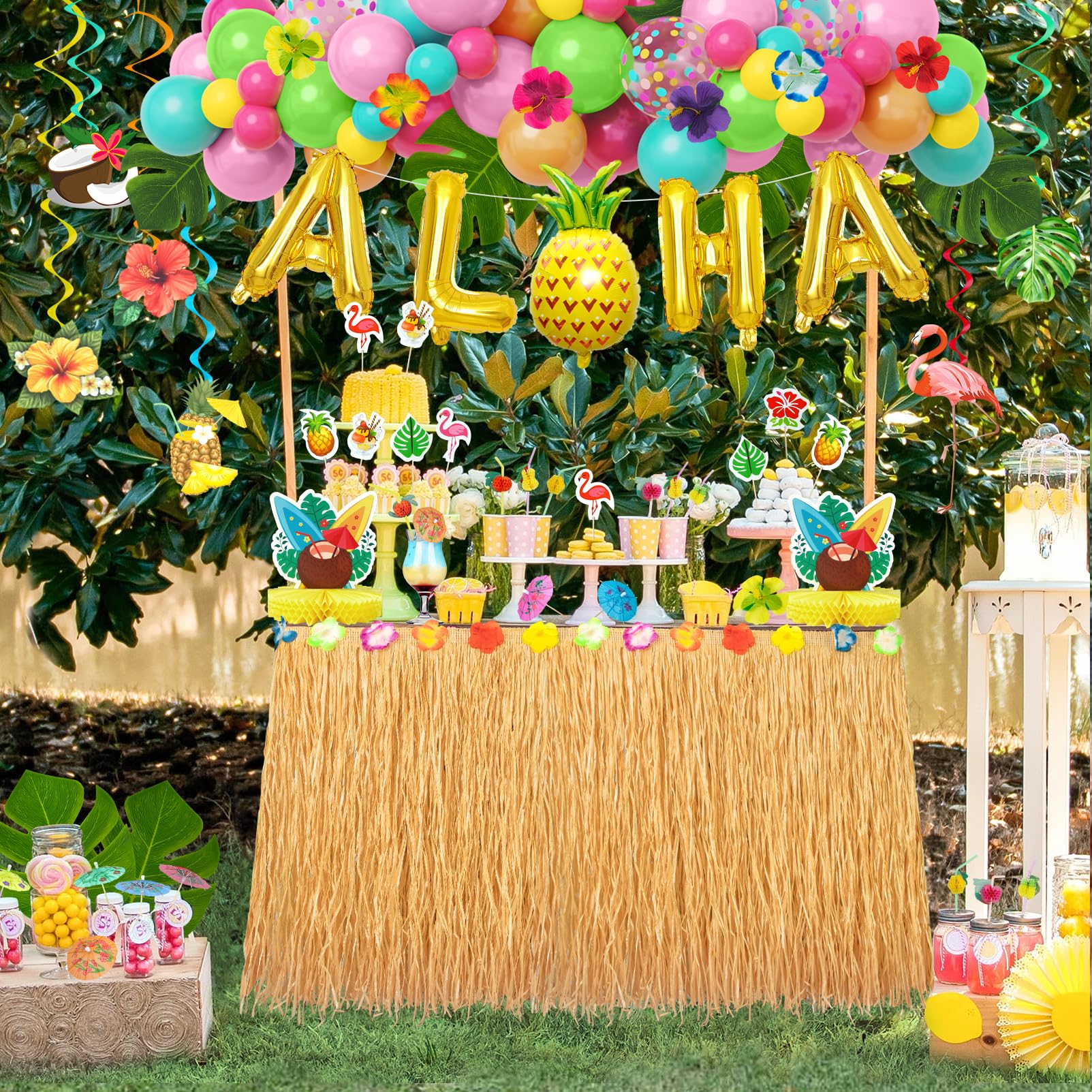 Hawaiian Aloha Luau Party Decorations, 153Pcs Tropical Summer Beach Birthday Supplies Grass Table Skirt Hanging Swirl Aloha Balloon Garland Honeycomb Centerpiece Hibiscus Palm Leaves Straws CakeTopper