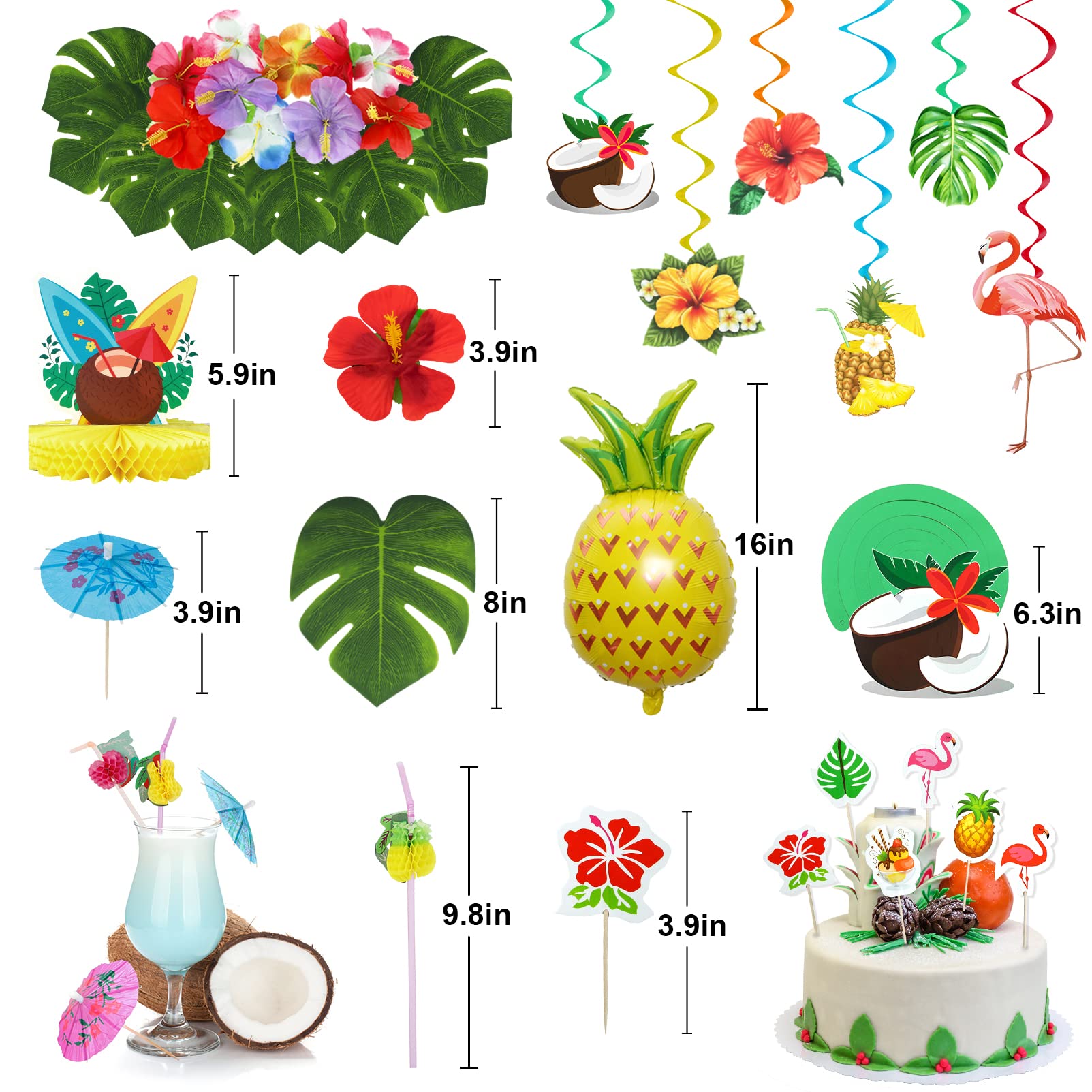 Hawaiian Aloha Luau Party Decorations, 153Pcs Tropical Summer Beach Birthday Supplies Grass Table Skirt Hanging Swirl Aloha Balloon Garland Honeycomb Centerpiece Hibiscus Palm Leaves Straws CakeTopper