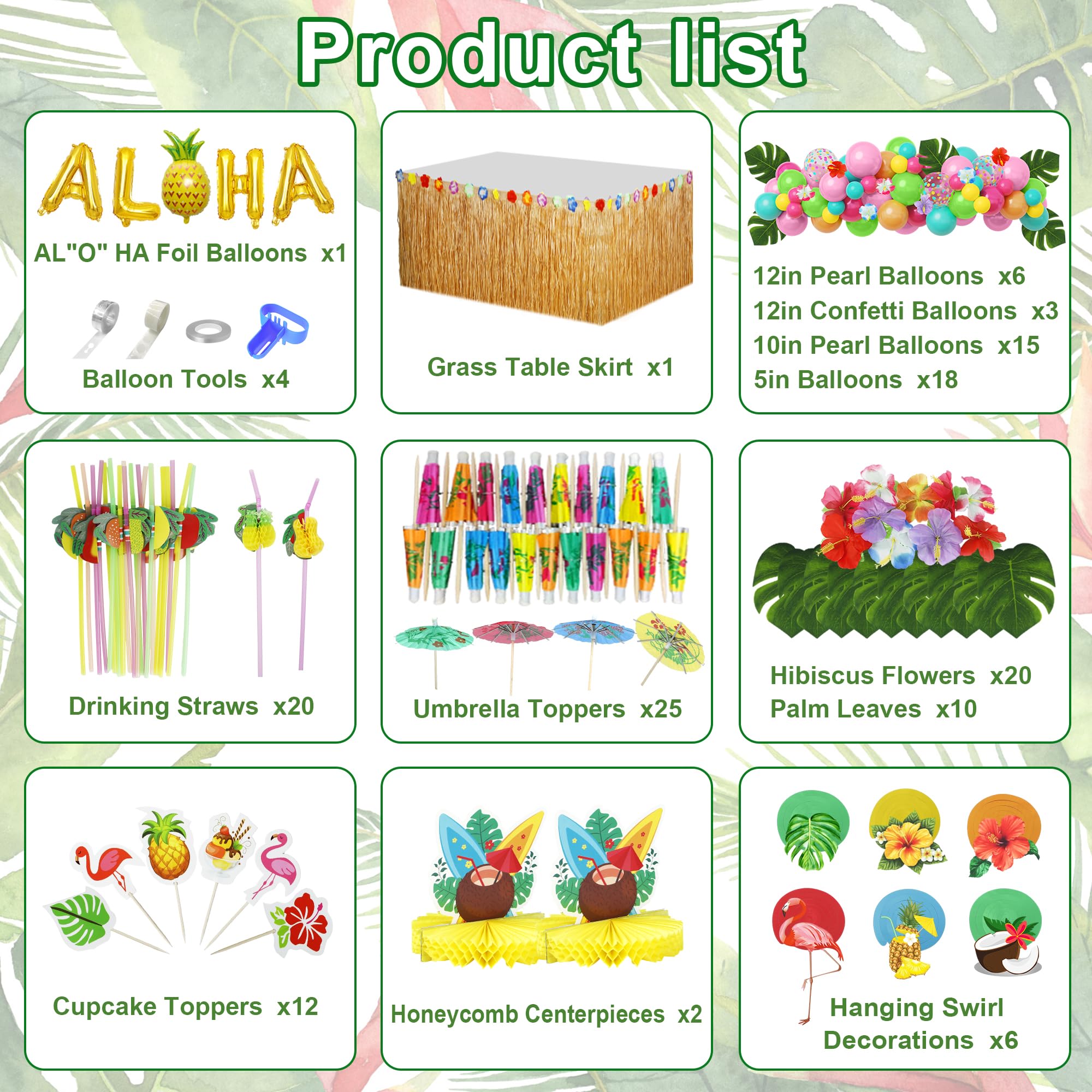 Hawaiian Aloha Luau Party Decorations, 153Pcs Tropical Summer Beach Birthday Supplies Grass Table Skirt Hanging Swirl Aloha Balloon Garland Honeycomb Centerpiece Hibiscus Palm Leaves Straws CakeTopper